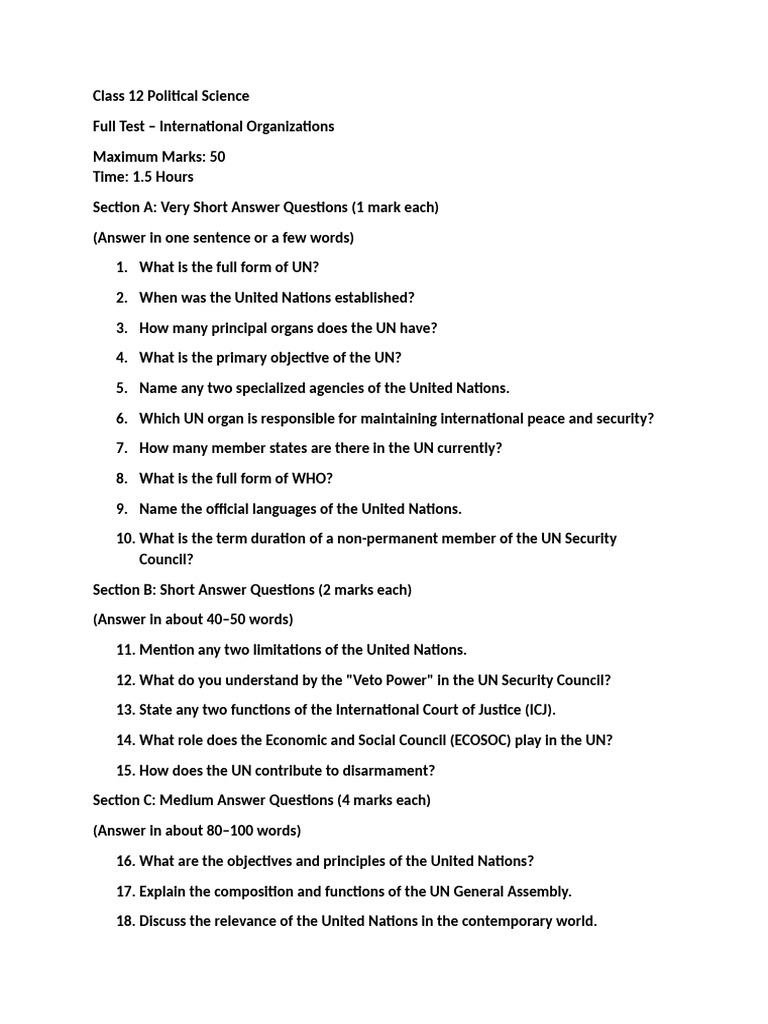 Class 12 Test on International Organizations | PDF