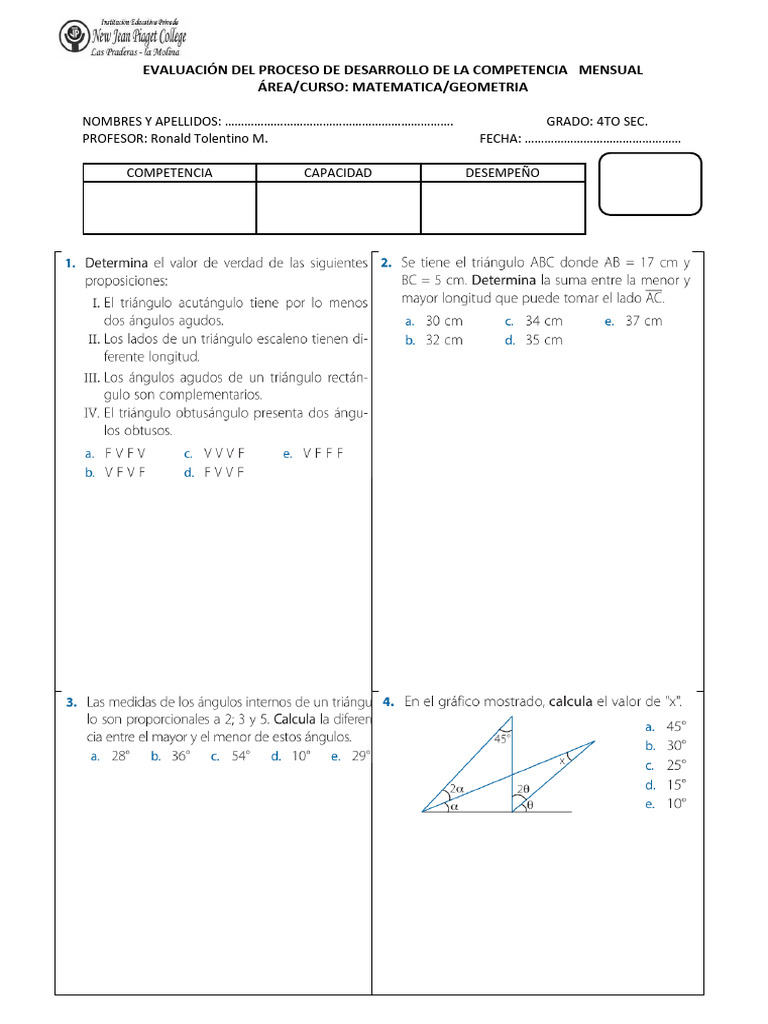 Eval Mensual 4to Mate y Raz Mat | PDF | Geometría | Matemáticas