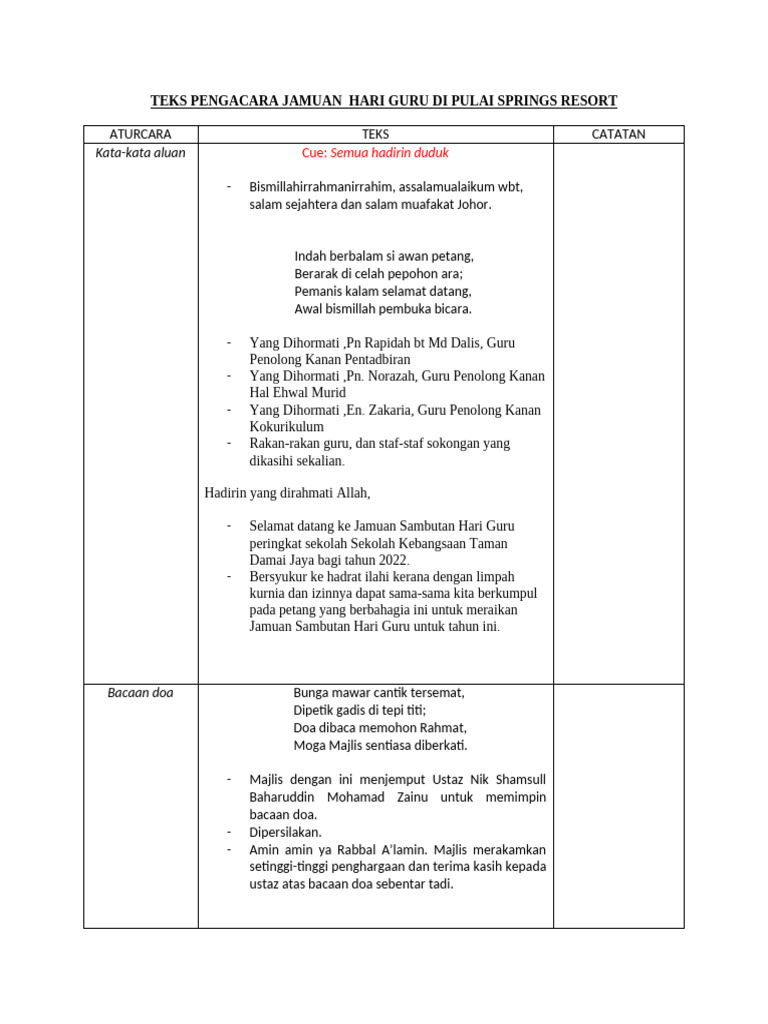 Teks Pengacara Majlis Hari Guru 2022 | PDF