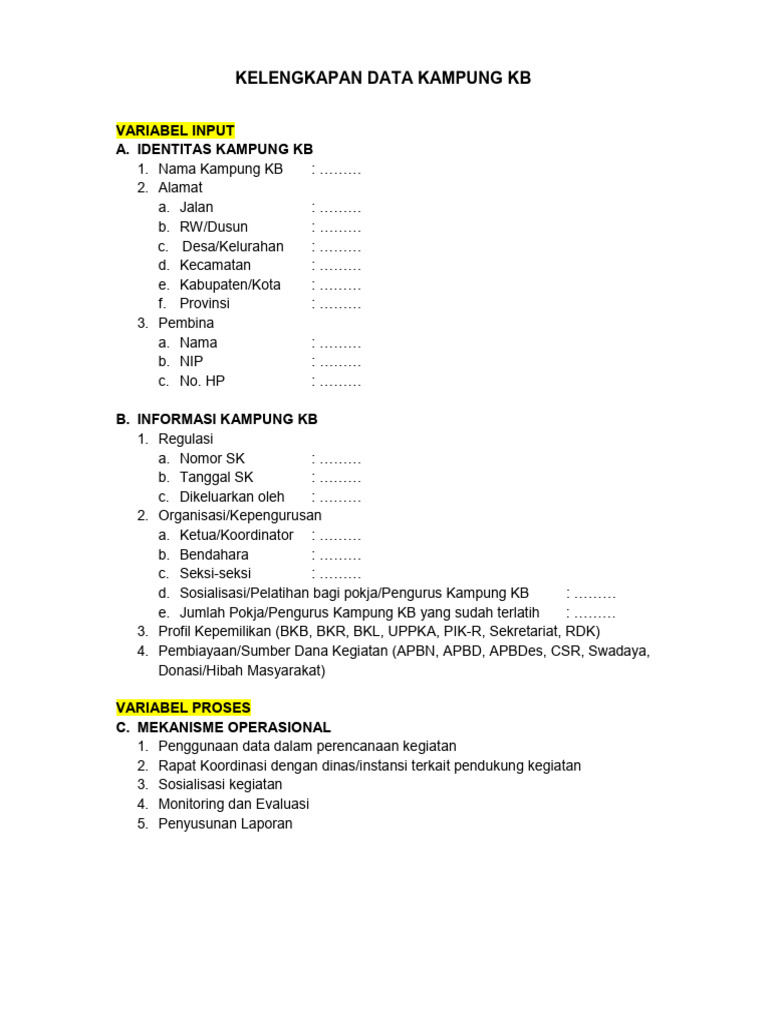 Kelengkapan Data Kampung KB | PDF