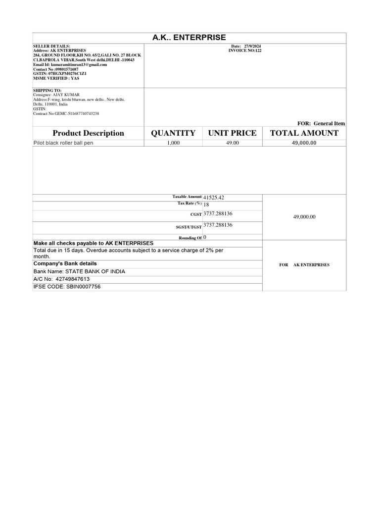 Product Description Quantity Unit Price Total Amount: A.K.. Enterprise | PDF