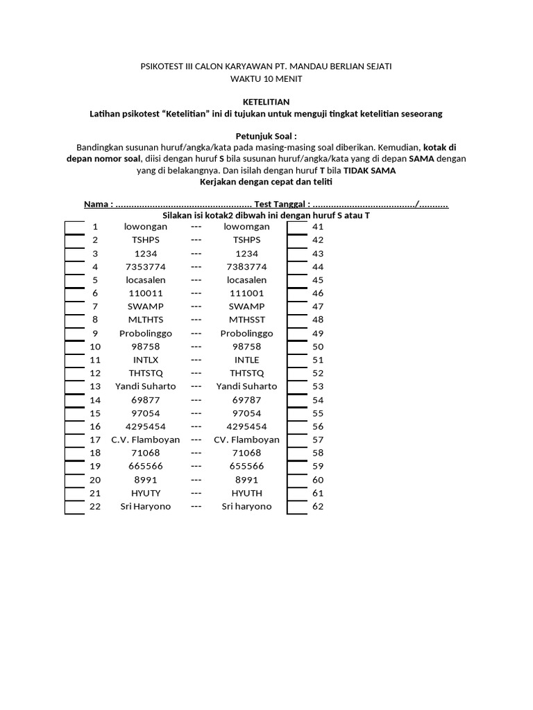 Psikotest Ketelitian Karyawan MBS | PDF