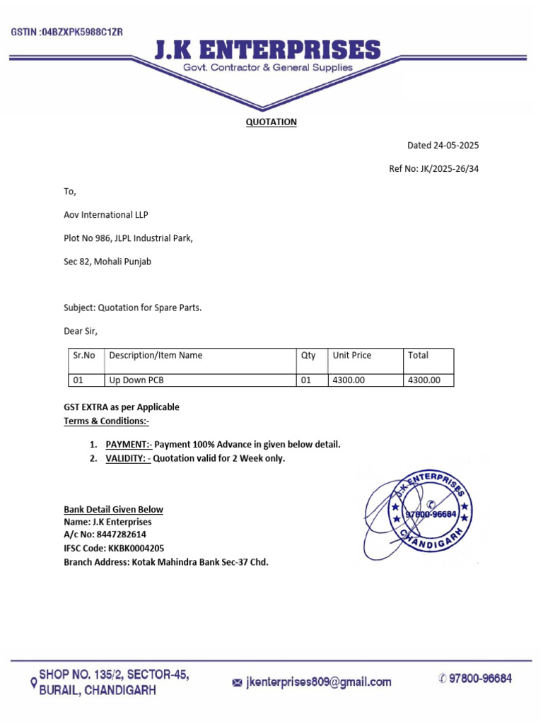 Quotation for Spare Parts - Aov International | PDF