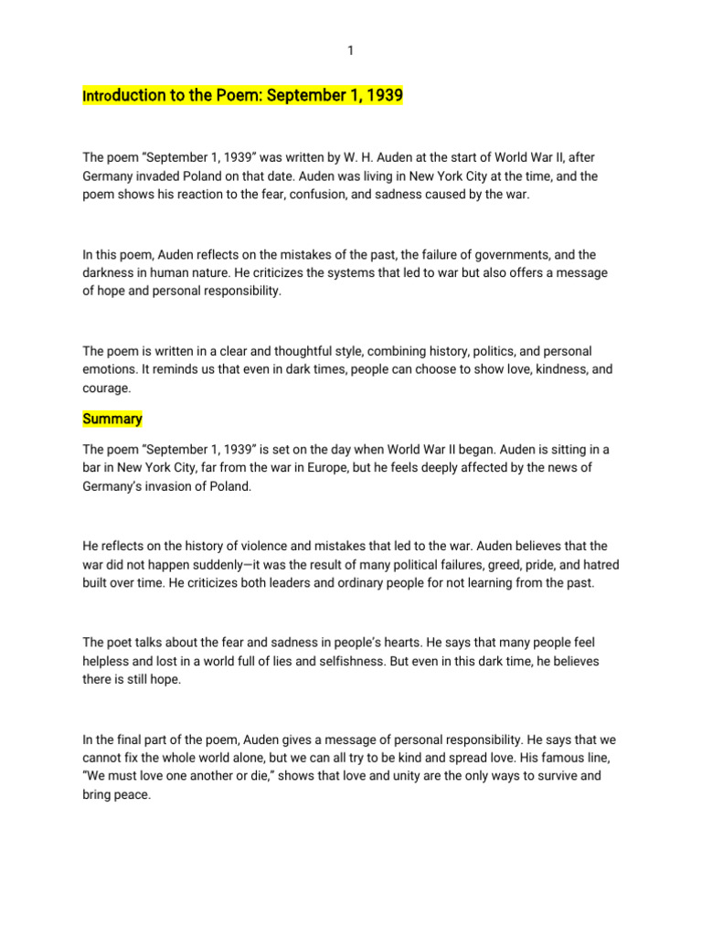 Sept 1 1939 Poem by WH Auden Critical Analysis | PDF | Metre (Poetry ...