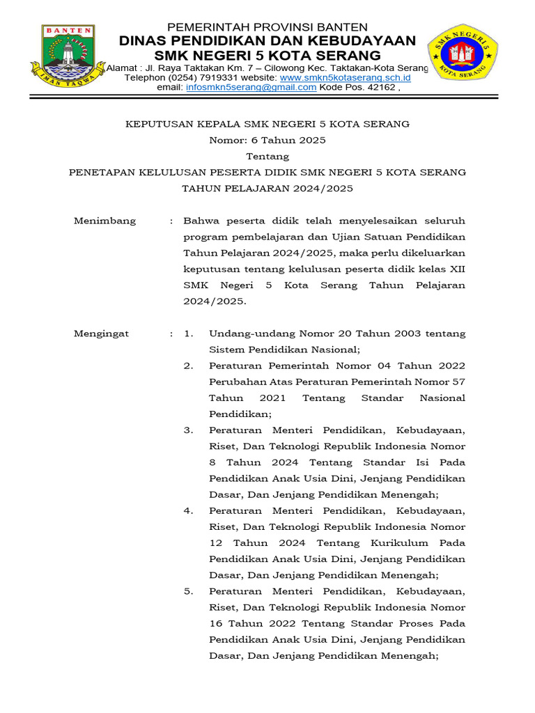 SK Penetapan Kelulusan Peserta Didik Kelas XII Tahun Ajaran 2024-2025 SMKN 5 Kota Serang | PDF