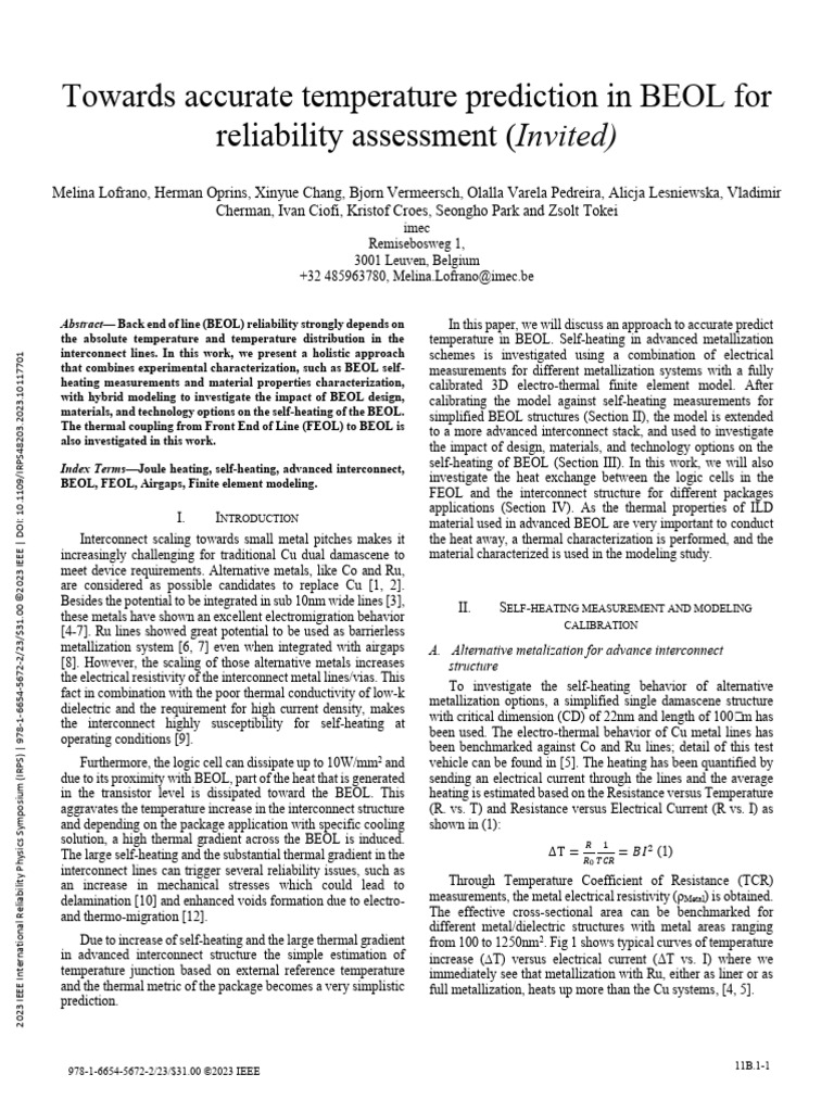 BEOL Temperature Prediction Methods | PDF | Electrical Resistivity And ...