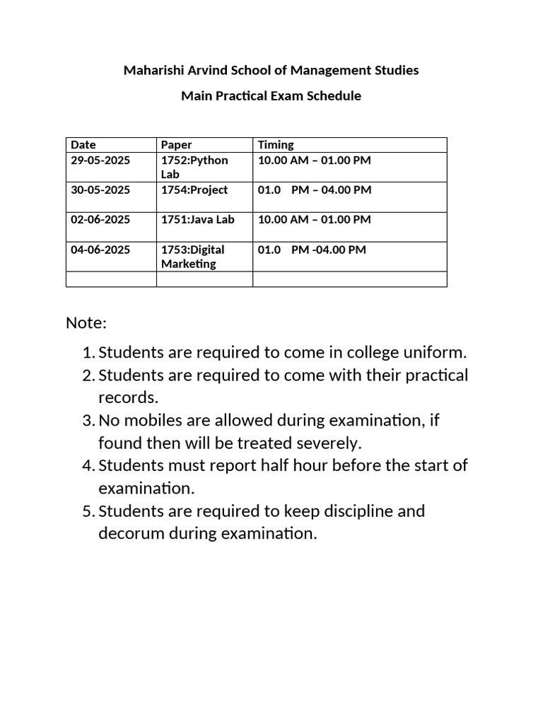 MASMS Practical Schedule-1 | PDF