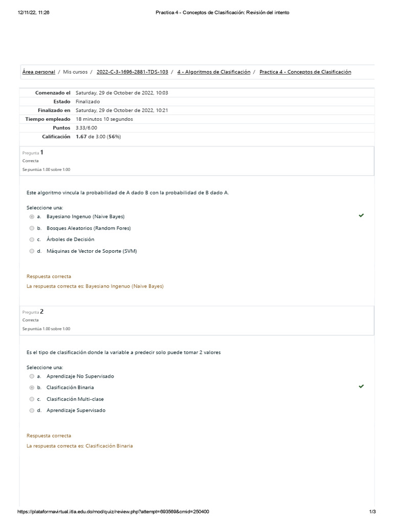 Practica 4 Conceptos de Clasificaci N Revisi N Del Intento PDF | PDF | Máquinas de vectores ...