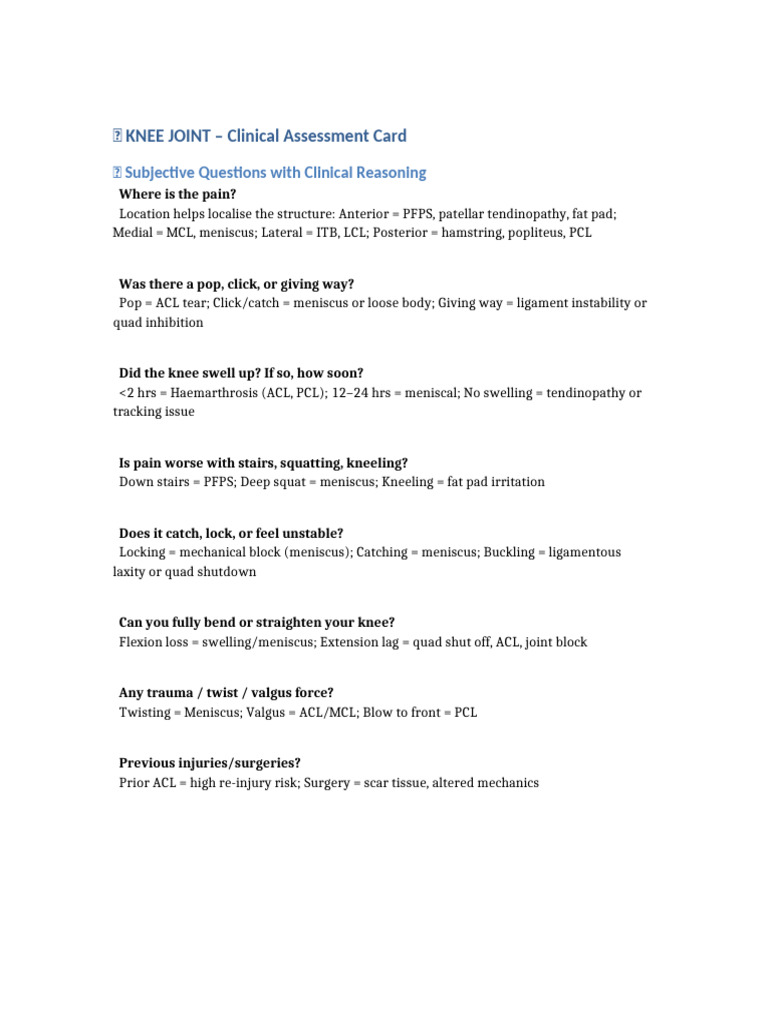 Knee Joint Clinical Card | PDF