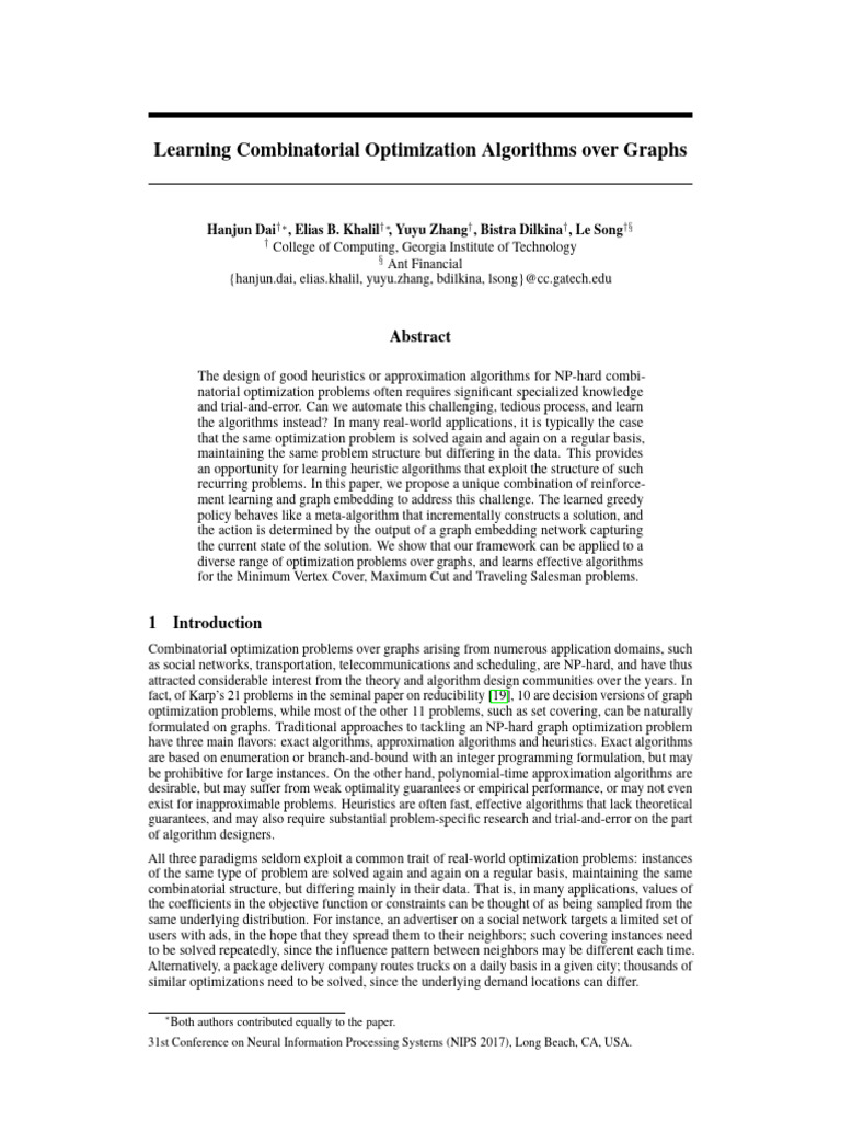Learning Combinatorial Optimization Algorithms Over Graphs | PDF | Mathematical Optimization ...