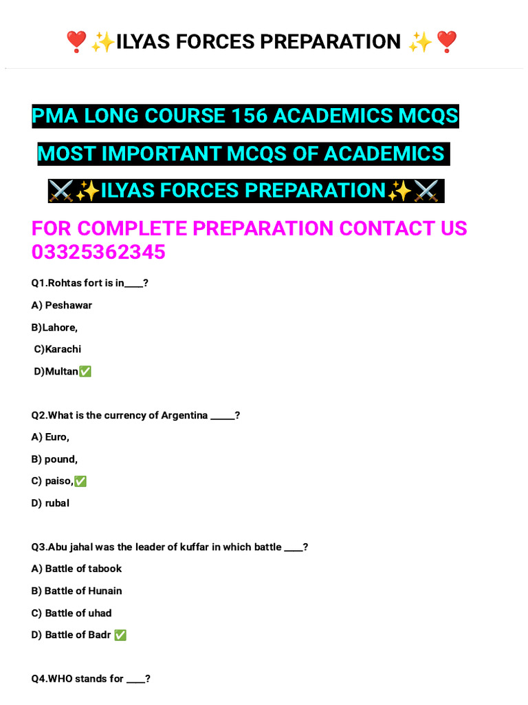 PMA Long Course 156 MCQs Guide | PDF | Pakistan | Khyber Pakhtunkhwa