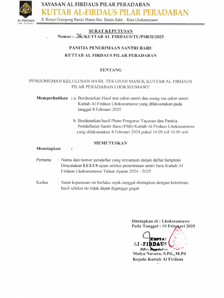 Pengumuman Kelulusan Hasil Tes Ujian Masuk Kuttab Al Firdaus 2025-2026 ...
