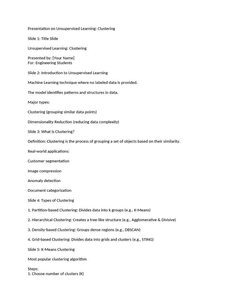 Presentation On Unsupervised Learning | PDF | Cluster Analysis | Statistical Classification
