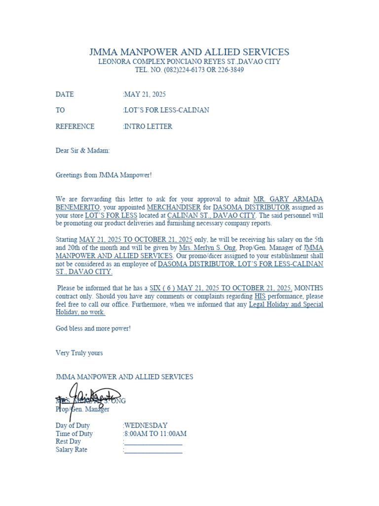 JMMA Manpower Introduction Letters | PDF