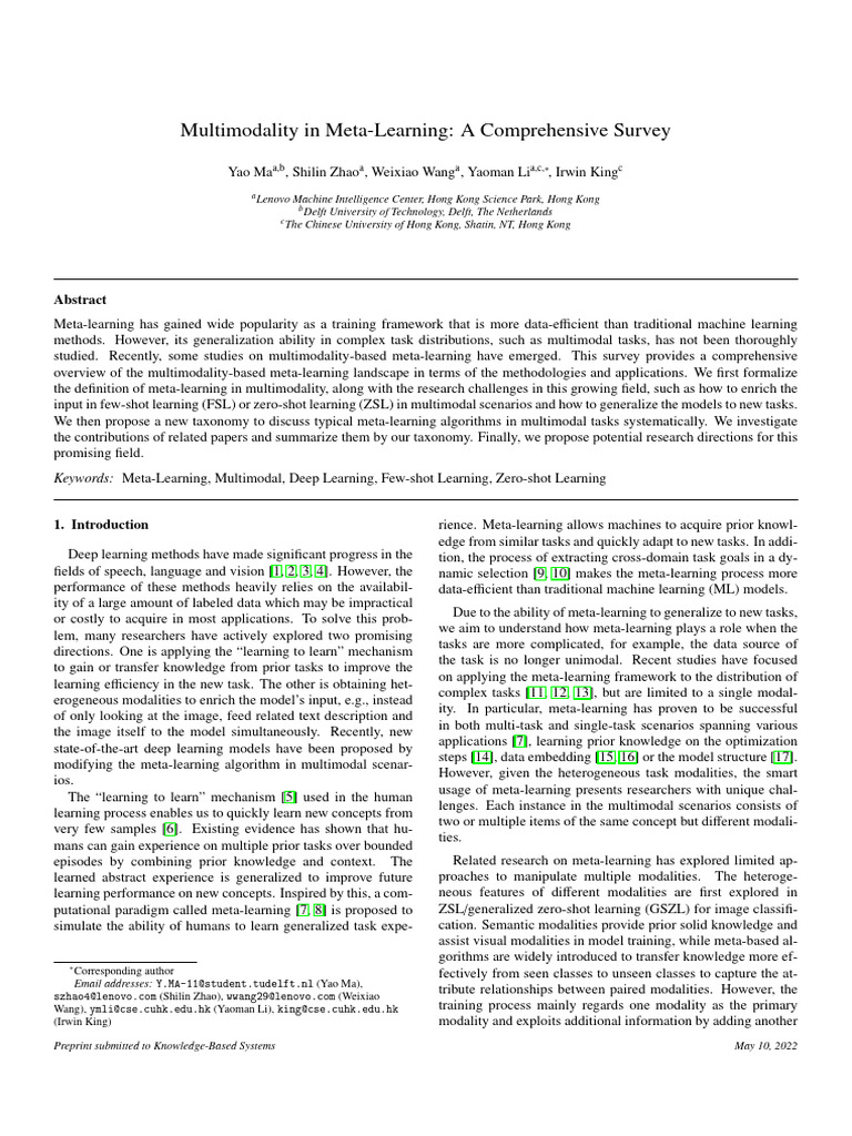 Multimodality in Meta-Learning - A Comprehensive Survey | PDF ...