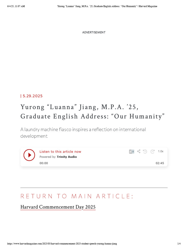 Yurong "Luanna" Jiang, M.P.a. '25, Graduate English Address - "Our Humanity" - Harvard Magazine ...
