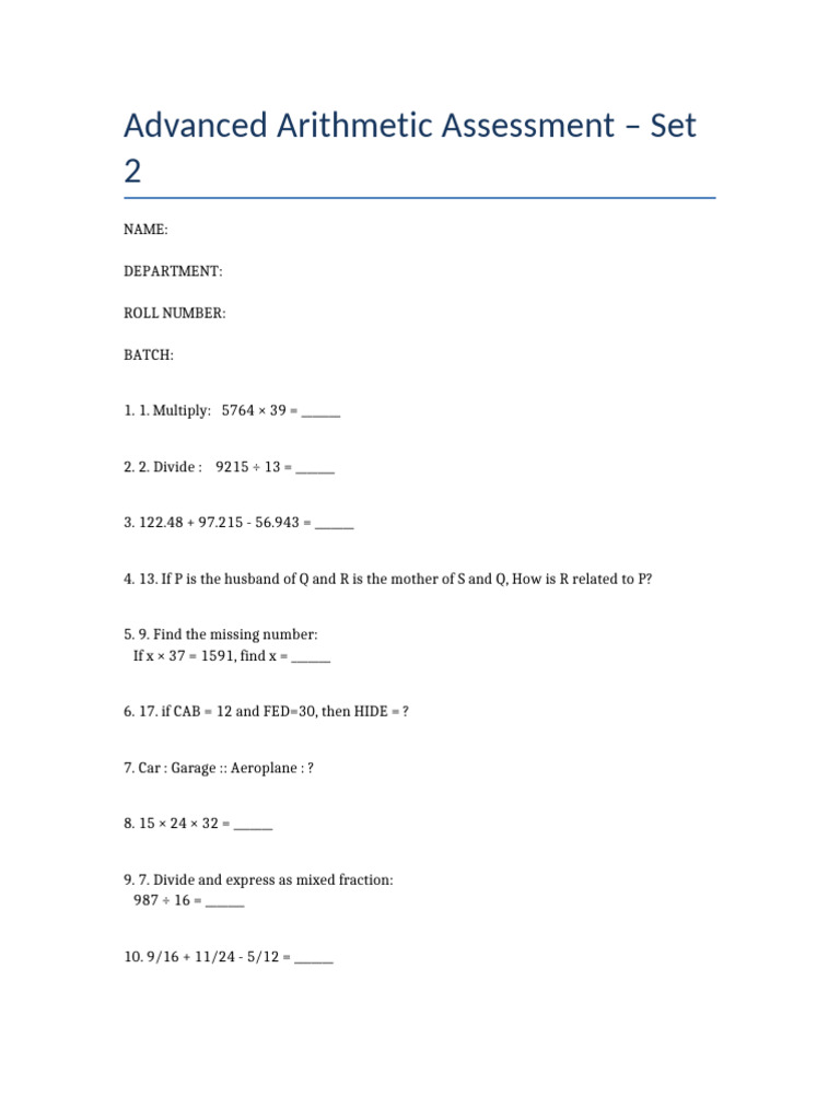 Arithmetic Assessment Set 2 | PDF