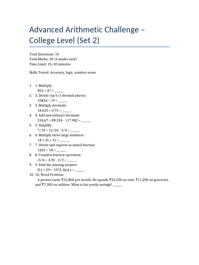 Advanced Arithmetic Challenge Set 2 | PDF