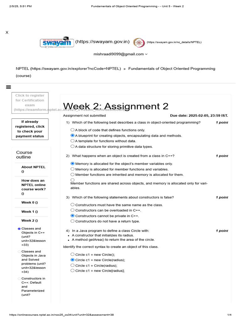 Fundamentals of Object Oriented Programming - Unit 5 - Week 2 Solved Question | PDF ...