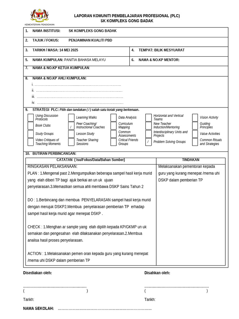 Borang Laporan PLC Panitia BM | PDF