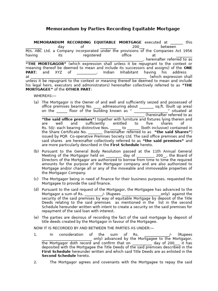 Memorandum by Parties Recording Equitable Mortgage | PDF | Mortgage Law ...