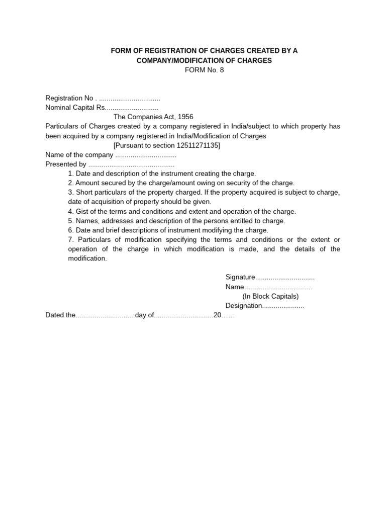 Form of Registration of Charges Created by A Company, Modification of ...