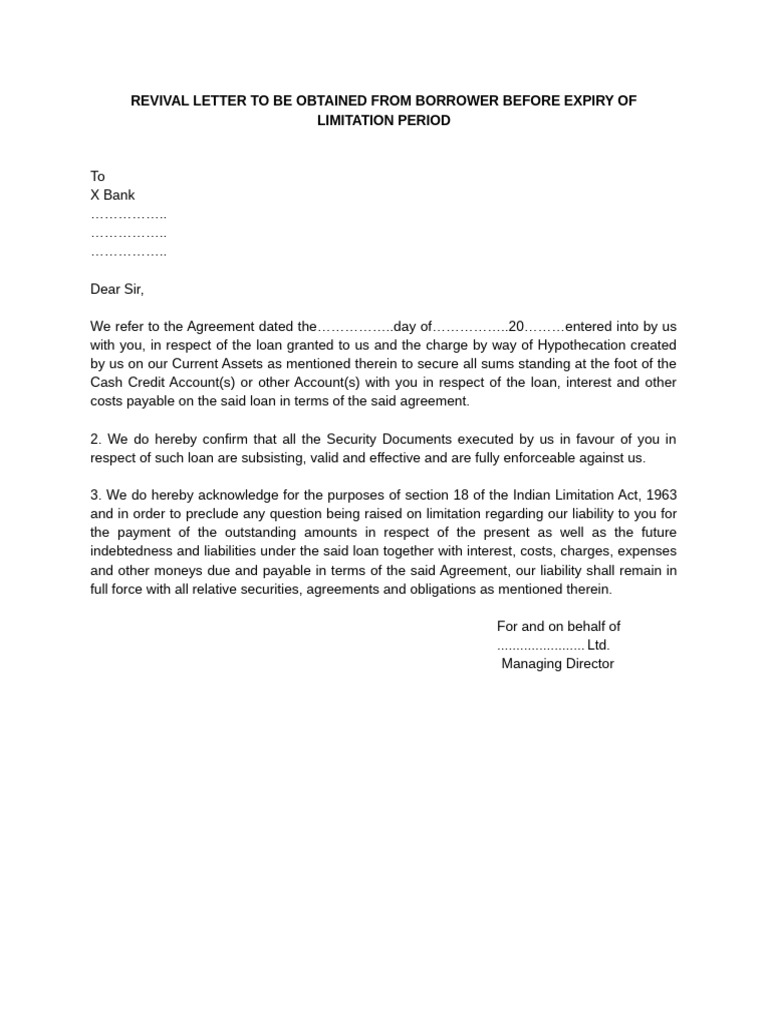 Revival Letter To Be Obtained From Borrower Before Expiry of Limitation ...