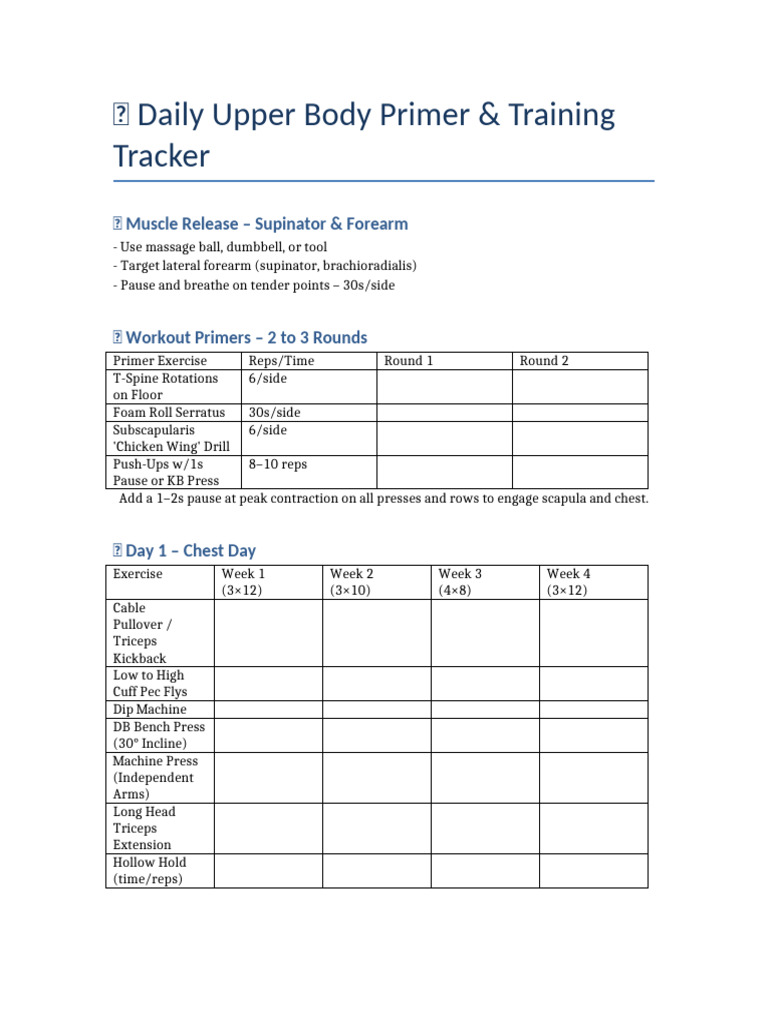 Split Days Upper Body Training Tracker | PDF
