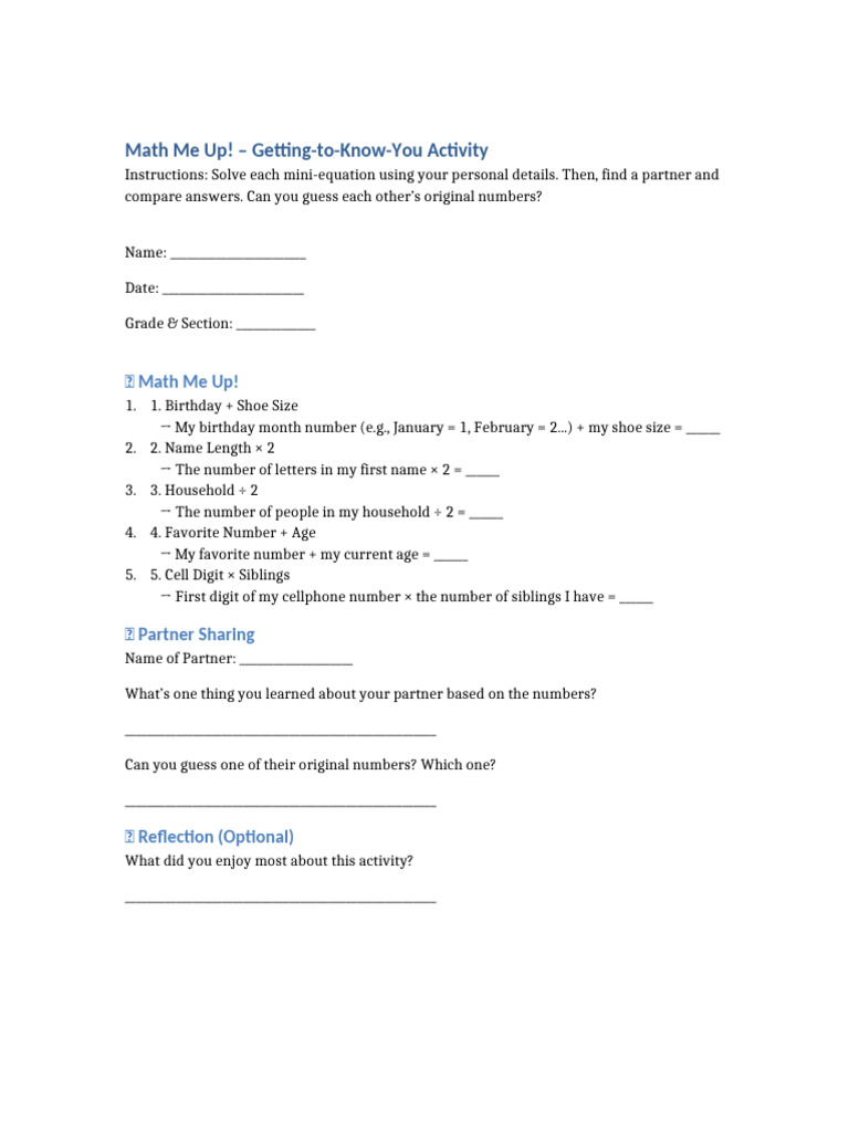 Math Me Up Getting To Know You Activity | PDF