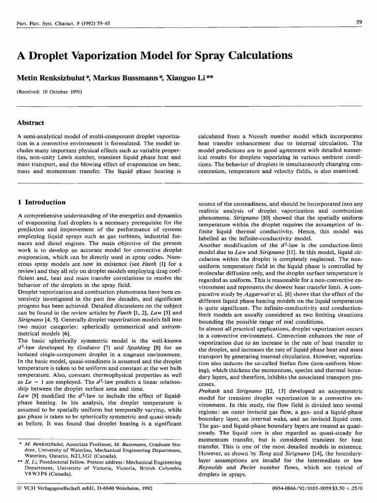 A Droplet Vaporization Model For Spray Calculations | PDF | Evaporation ...