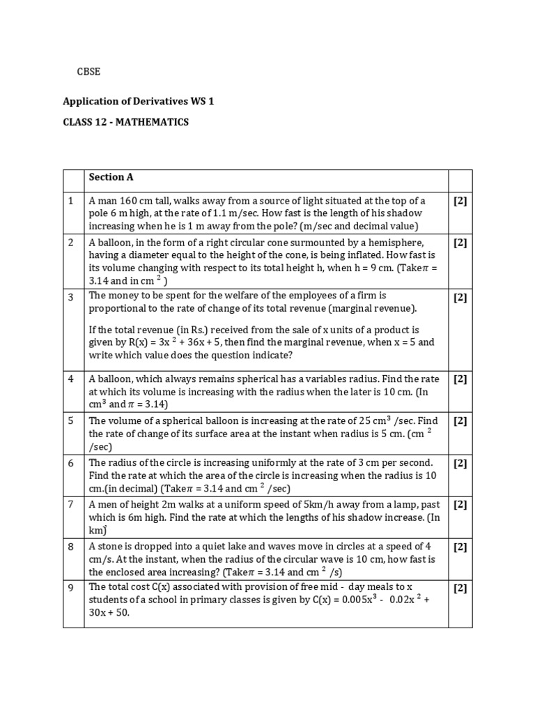 Application of Derivatives WS 1 Word (Rate of Change of Quantities ...