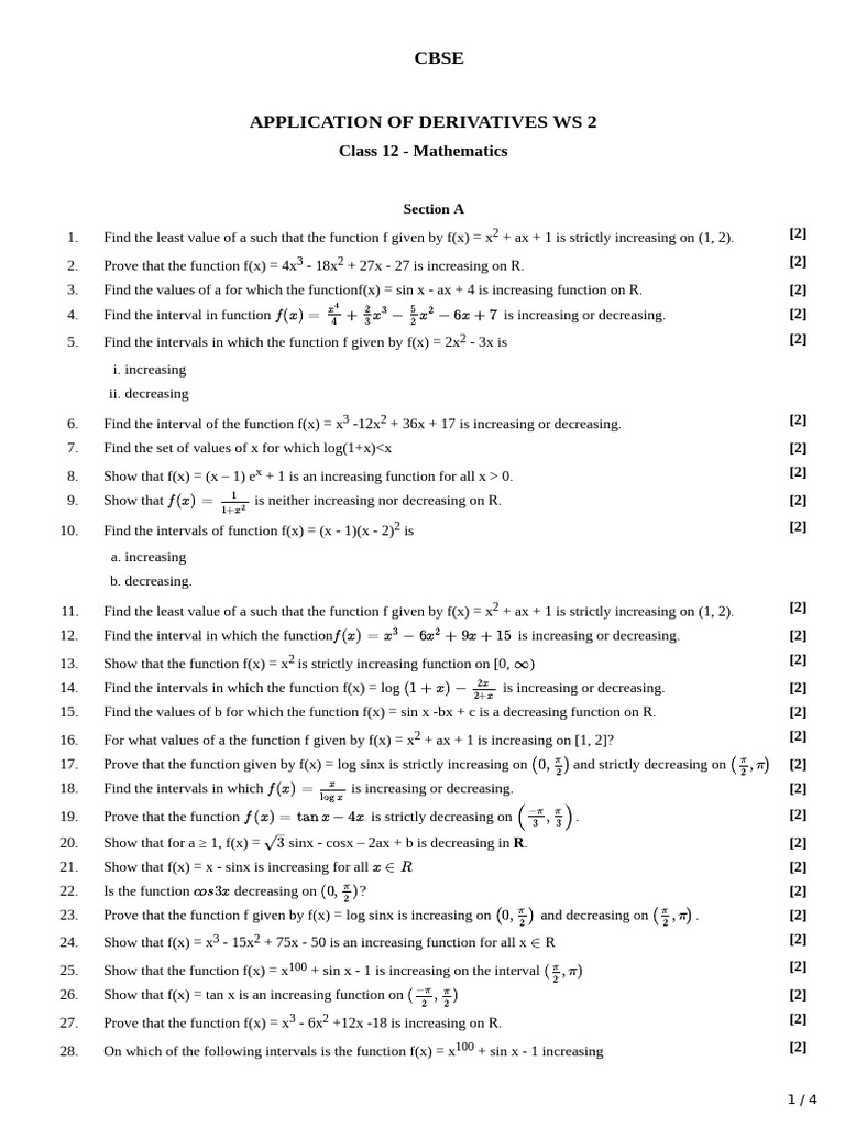 Application of Derivatives WS 2 (Increasing and Decreasing Function) | PDF | Function ...