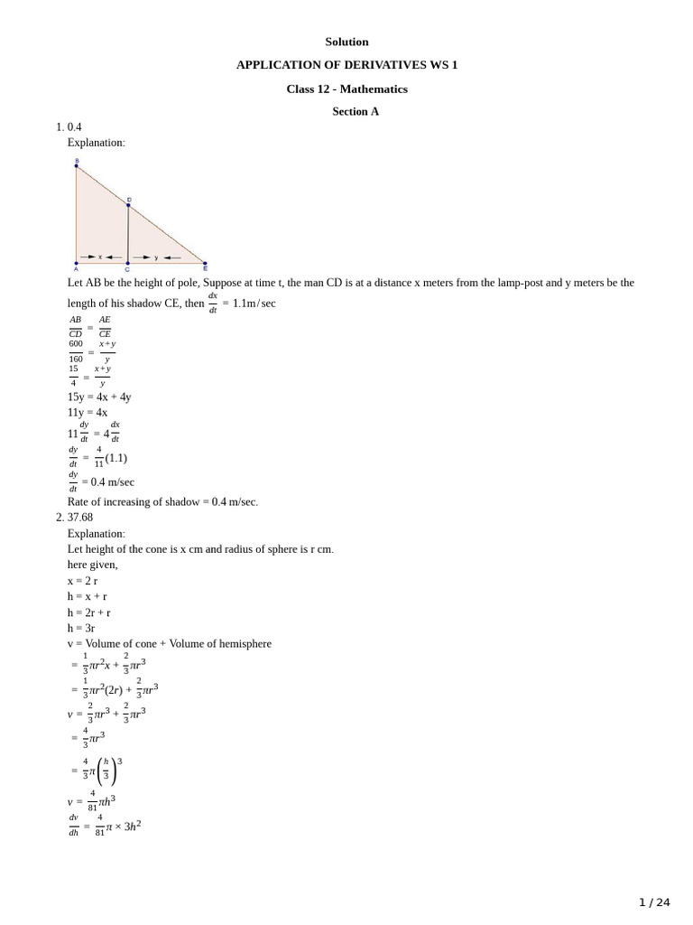 Application of Derivatives WS 1 Sol (Rate of Change of Quantities ...