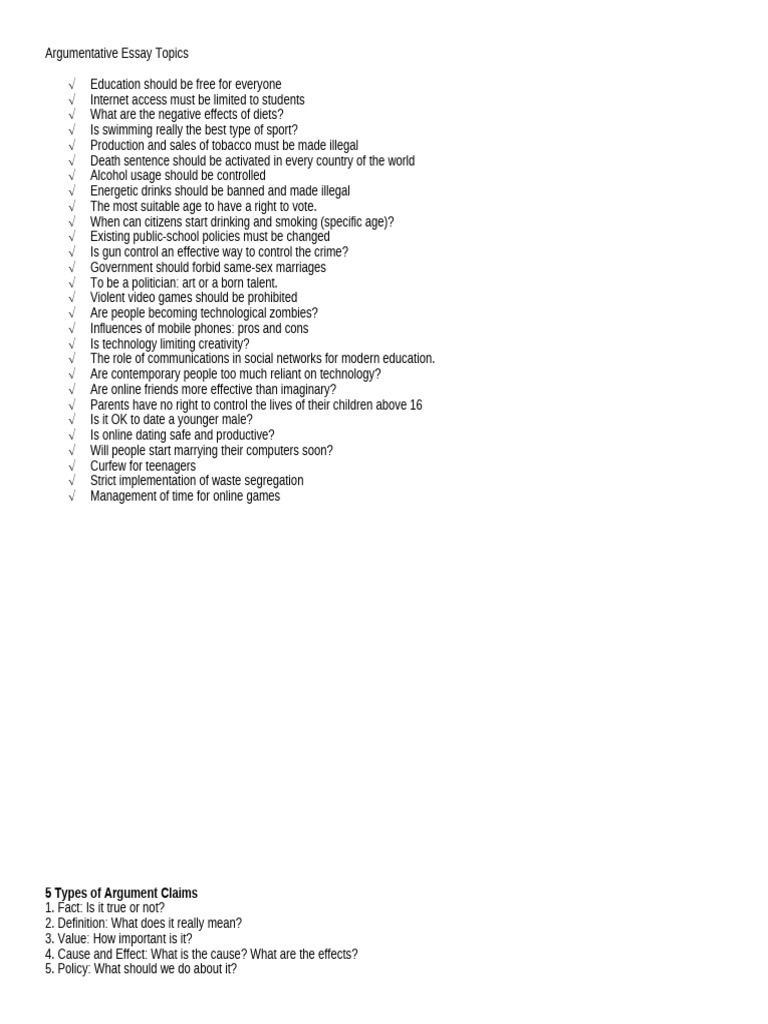 Argumentative Essay Topic Ideas | PDF | Argument | Reason