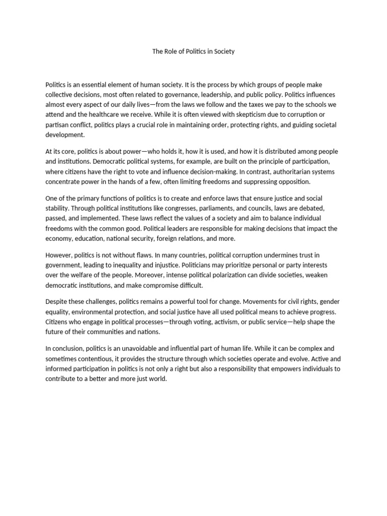 The Role of Politics in Society | PDF | Institution | Society