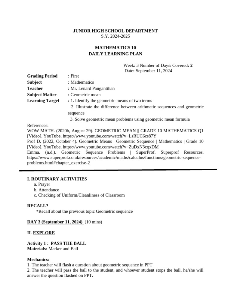 DLP in Geometric Sequence Day 3 and 4 | PDF | Mathematics