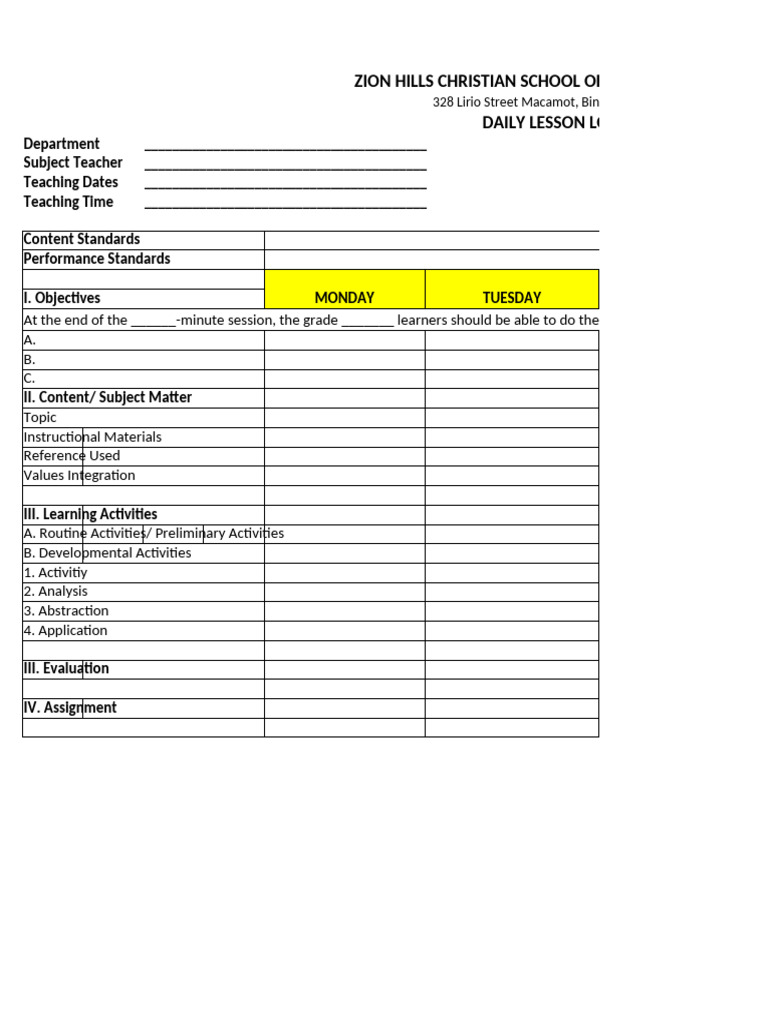 Daily Lesson Logs for Zion Hills School | PDF