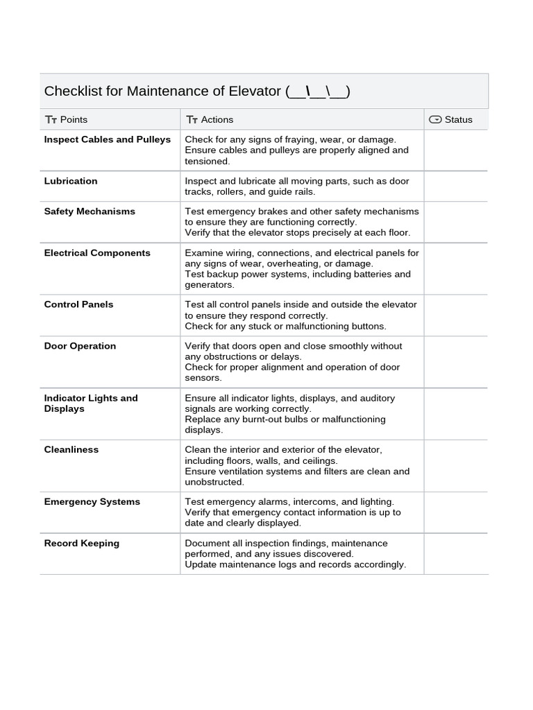 Elevator Maintenance Checklist Guide | PDF