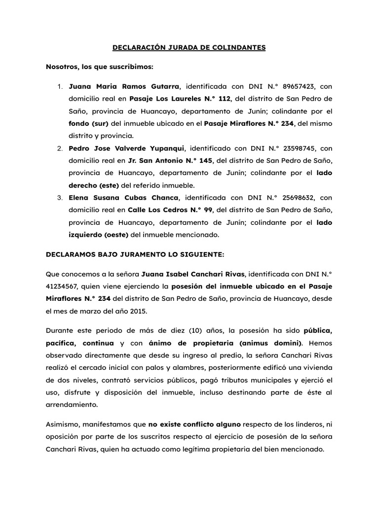 Declaración Jurada de Colindantes | PDF