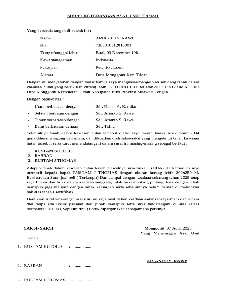 Surat Keterangan Asal Usul Tanah 7 Ha | PDF