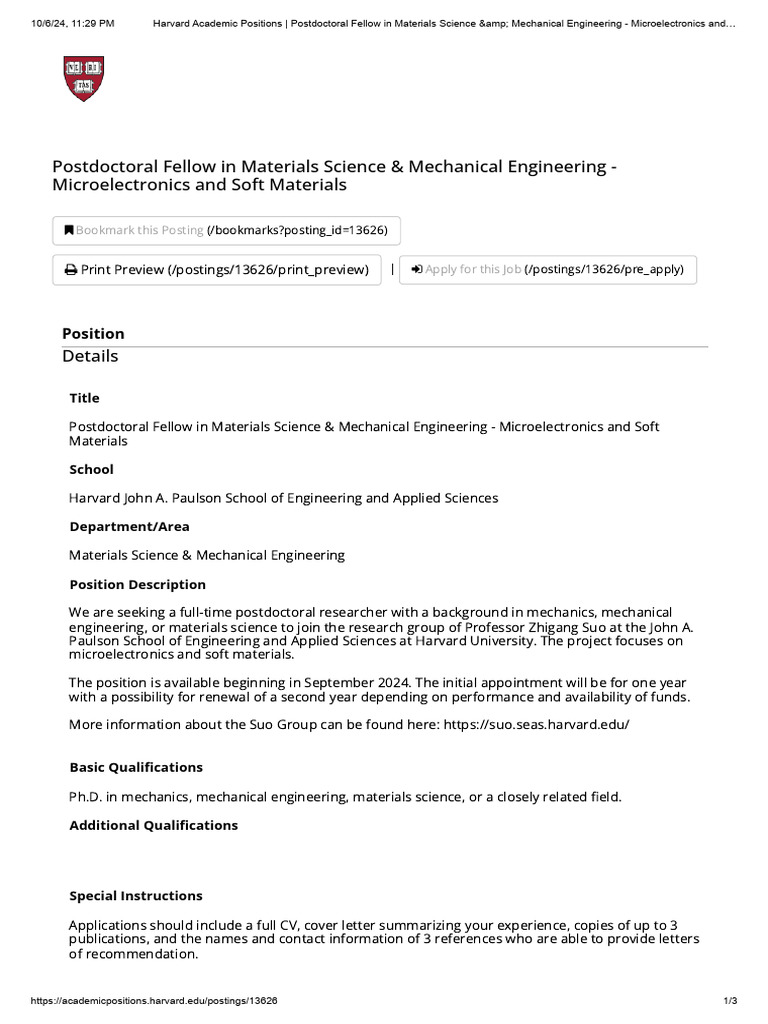 Harvard Academic Positions - Postdoctoral Fellow in Materials Science ...