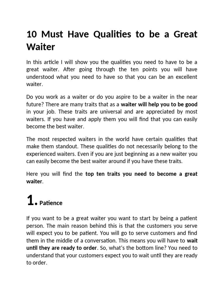 10 Must Have Qualities To Be A Great Waiter | PDF | Waiting Staff ...