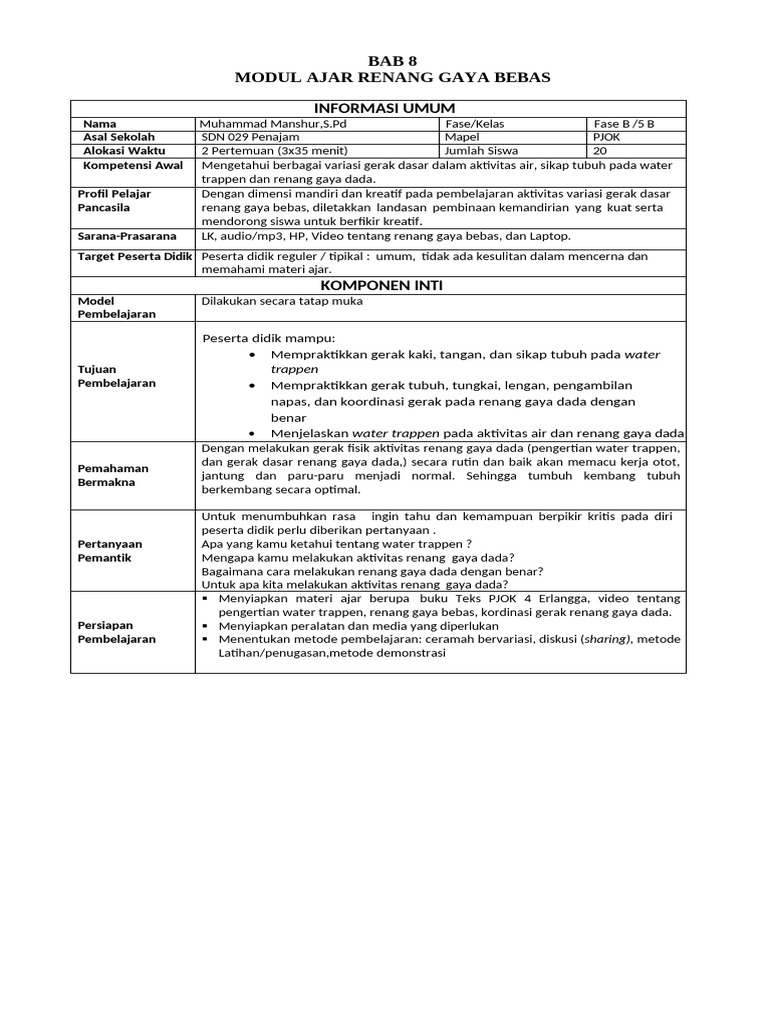 Modul Ajar Pjok 4 Bab 8 (Renang) | PDF