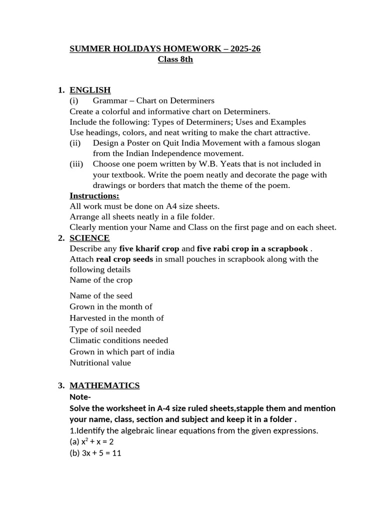 Class 8 Holiday Homework 25-26 | PDF | Mathematics | Algebra