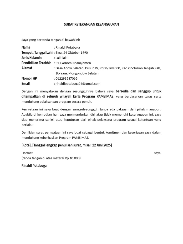 Surat Keterangan Kesanggupan | PDF