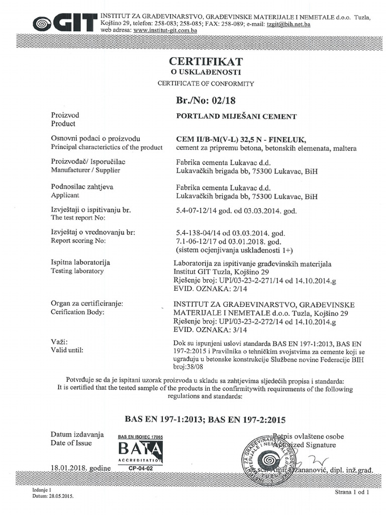 Atest Cement Certifikat 32,5n | PDF
