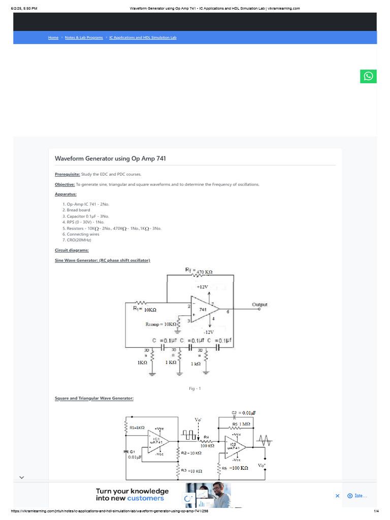 Waveform Generator Using Op Amp 741 - IC Applications and HDL Simulation Lab | PDF | Electronic ...