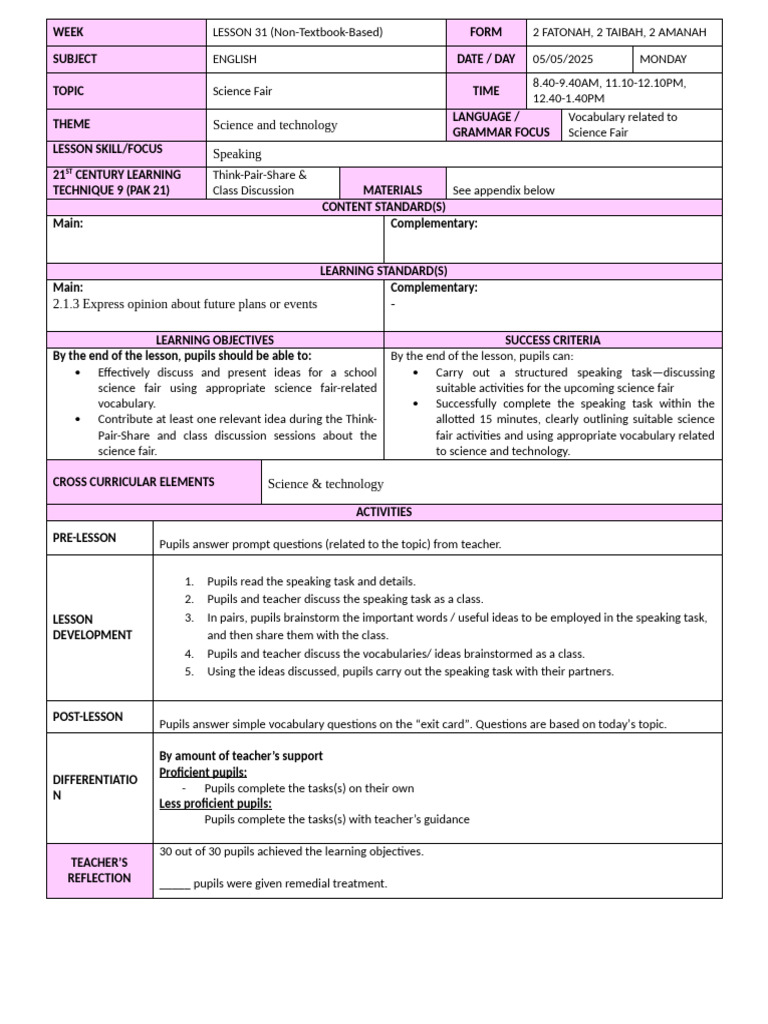 Daily Lesson Plan Week 12-Monday | PDF | Vocabulary | Teachers