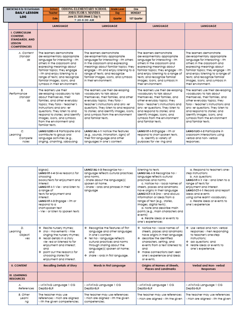 Matatag DLL Language 1 | PDF | Icon (Computing) | Teachers