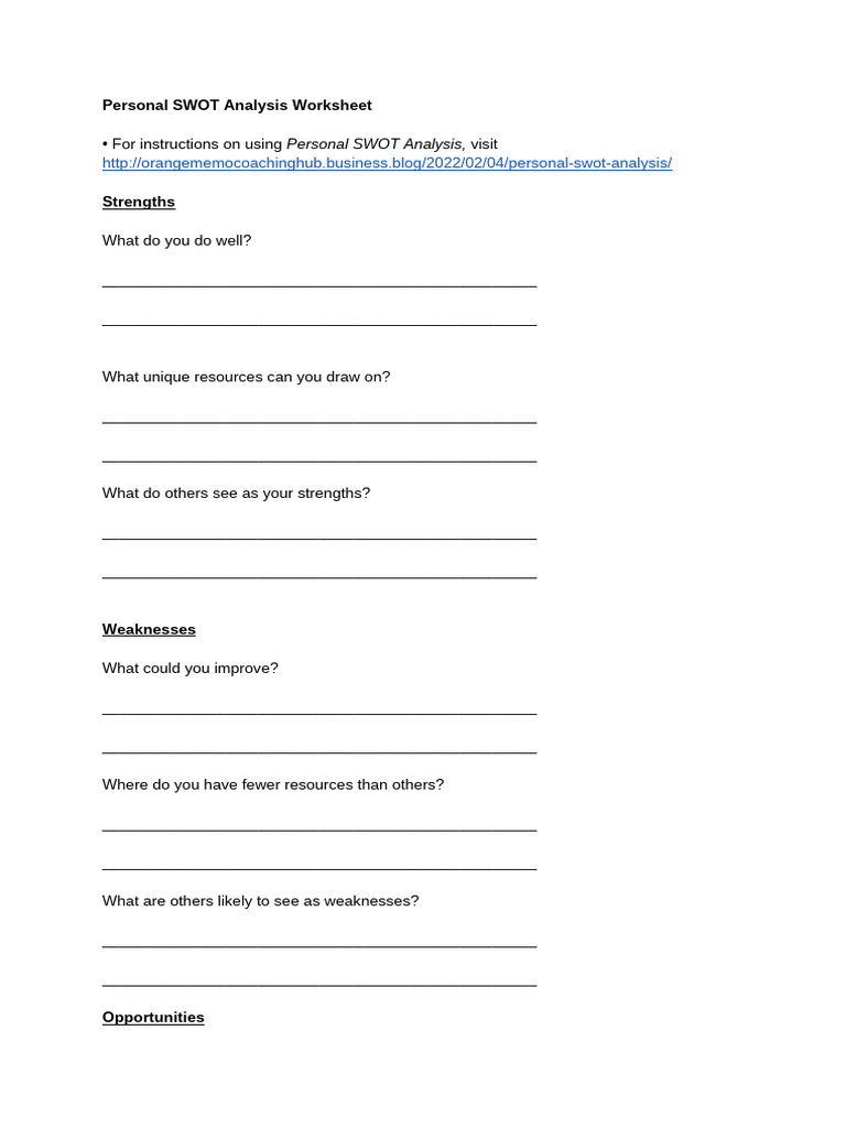 Personal SWOT Analysis Worksheet - OMMCH | PDF
